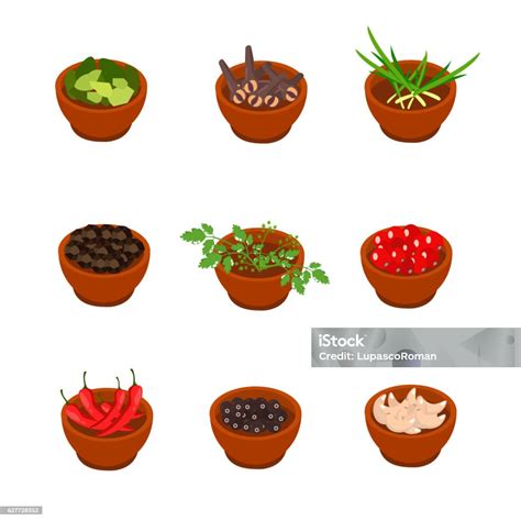 동시대 만화 스타일의 풍미 있는 향신료 조미료 아이콘 벡터 그림입니다 하얀 계피에 대한 스톡 벡터 아트 및 기타 이미지 계피 다중 색상 드레싱 식품 Istock