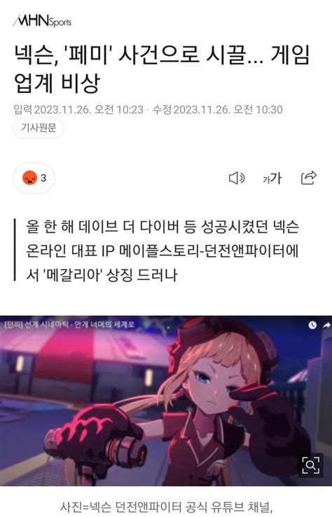 넥슨 페미 사건으로 시끌 게임업계 비상 메갈리아 상징 드러나 기사 유머 움짤 이슈 에펨코리아