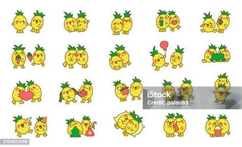 재미있는 얼굴을 가진 귀여운 카와이 파인애플 사랑스러운 만화 과일입니다 손으로 그린 스타일입니다 벡터 그리기 디자인 요소 모음 가공의 인물에 대한 스톡 벡터 아트 및 기타