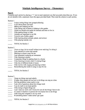 Fillable Online Multiple Intelligences Survey - bPBworksb Fax Email Print - pdfFiller