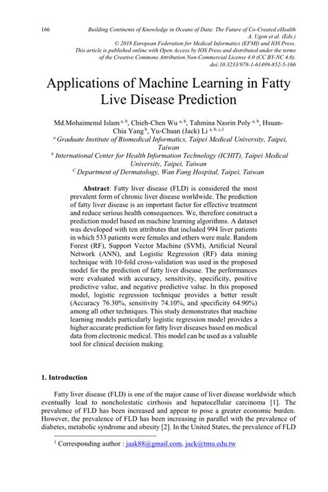 pdf applications of machine learning in fatty live disease prediction