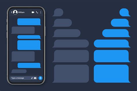 메시징 응용 프로그램과 현실적인 스마트 폰 빈 Sms 텍스트 프레임입니다 파란색 메시지 거품이있는 대화 채팅 화면 소셜 미디어 응용 프로그램 벡터 일러스트레이션 가상현실에