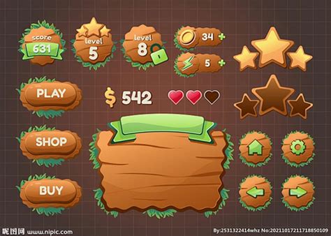 木板游戏按钮元素和进度条 花瓣网