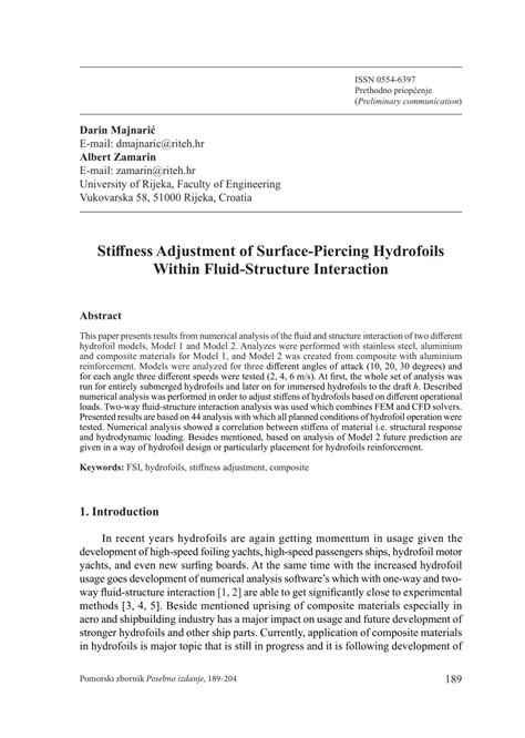 Pdf Stiffness Adjustment Of Surface Piercing Hydrofoils Within Fluid