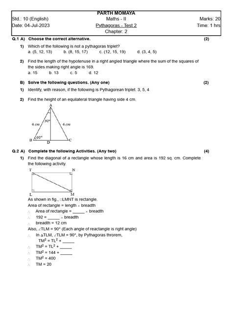 Pythagoras Test 2 Pdf Triangle Euclidean Plane Geometry