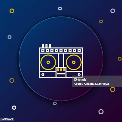 파란색 배경에 분리된 음악 아이콘을 재생하고 믹싱하기 위한 라인 Dj 리모컨 비닐 플레이어와 리모콘이 완비된 Dj 믹서 다채로운
