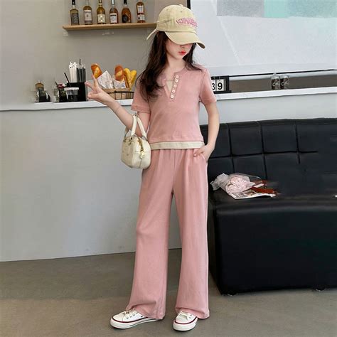 핑크비 헨리넥버튼세트 여름 주니어 초등 여아 옷 반팔 긴바지 상하복 13~21호 핑크비