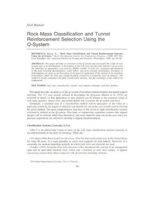 Barton Rock Mass Classification And Tunnel Reinforcement Using The Q System Astm Stp 984 Pdf