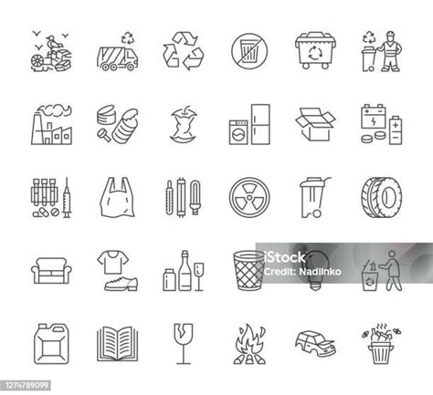 폐기물 재활용 라인 아이콘 세트입니다 휴지통 가방 쓰레기 유형 음식 플라스틱 배터리 유기 종이 금속 벡터 일러스트레이션 쓰레기 선별 관리를 위한 평면 표지판 개요 아이콘에