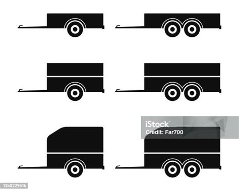 자동차 트레일러 아이콘 세트입니다 벡터 도면입니다 블랙 실루엣 흰색 배경에 격리된 개체입니다 격리 차량 트레일러에 대한 스톡