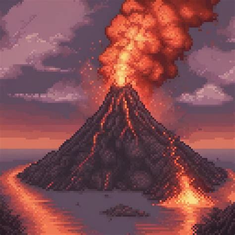 Pixel Art Depicting A Dramatic Volcano Eruption At Sunset Premium Ai Generated Image