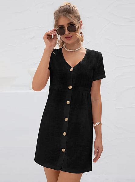 V Neck High Waist Button Down Dress Ncocon