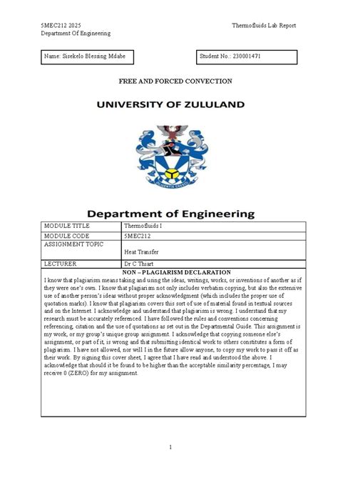5mec212 Thermofluids Lab Report Free And Forced Convection Analysis