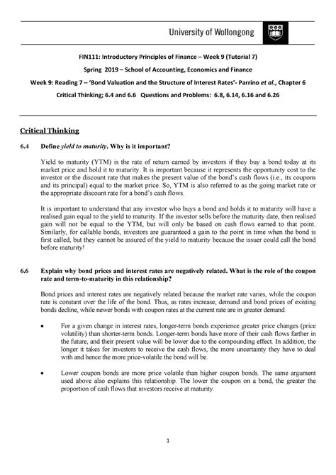 FIN111 Tutorial Solution Week9 19S FIN111 Introductory Principles Of