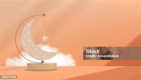 이드 알 아드하 무바라크 인사말 디자인 와 초승달 와 별 와 주황색 배경 3d 연단에 매달려 있는 Eid Al Fitr Ramadan Kareem에 대한 상징적 인 무슬림의