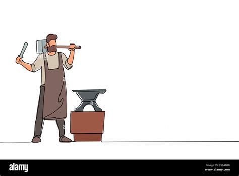 Single One Line Drawing Bearded Male Blacksmith Standing Wearing Apron