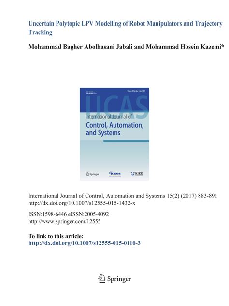 Pdf Uncertain Polytopic Lpv Modelling Of Robot Manipulators And