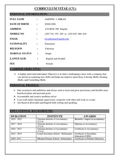 Asifiwe New Current Cv Pdf Tanzania Accounting