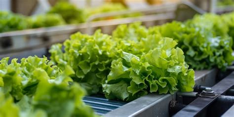 Fresh Green Lettuce On Conveyor Belt In Food Processing Plant Premium Ai Generated Image