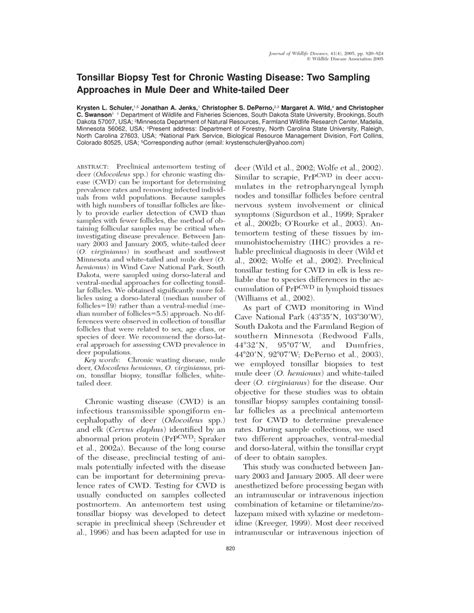 Pdf Tonsillar Biopsy Test For Chronic Wasting Disease Two Sampling Approaches In Mule Deer