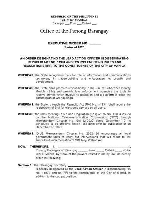 Draft Eo Designation Of The Barangay Secretary As The Lead Action