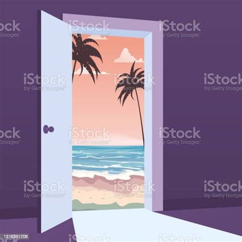 자연의 길을 열어 풍경 바다 바다 섬 열대 손바닥 기호 자유 새로운 방법 출구 발견 기회 현실 세계에 동기 부여 개념 벡터 일러스트 만화 스타일 포스터 배너 0명에 대한