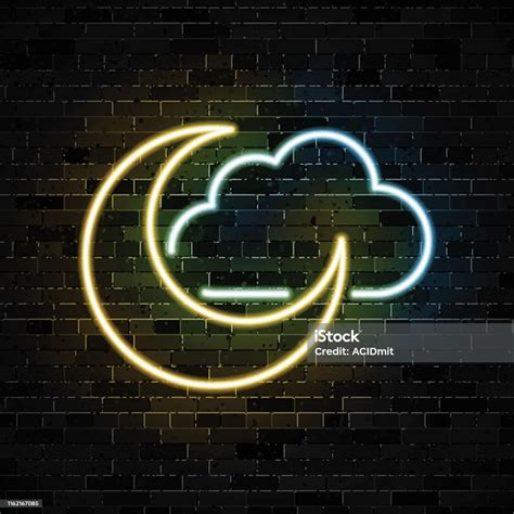 어두운 벽돌 벽 배경에 초승달과 구름의 네온 기호 간단한 벡터 부분적으로 맑은 날씨 기호 Eps 10 0명에 대한 스톡 벡터 아트 및 기타 이미지 Istock