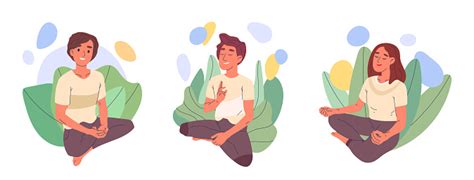 요가 명상 연꽃 포즈 호흡 훈련 및 요가 플랫 벡터 일러스트 레이션 세트를 연습하는 사람들 고요하고 평화로운 사람들 책상다리에 대한 스톡 벡터 아트 및 기타 이미지 Istock