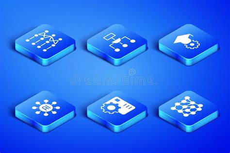 set neural network algorithm and graduation cap icon vector stock
