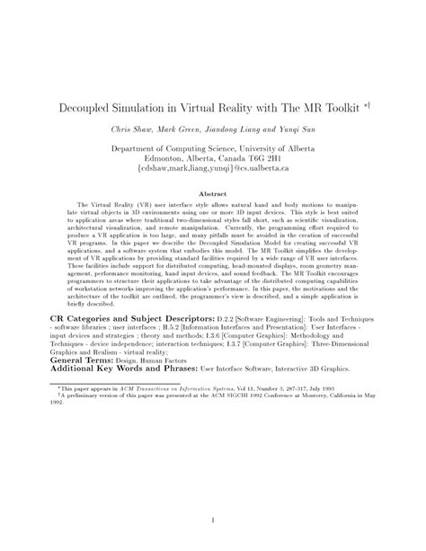 Pdf Decoupled Simulation In Virtual Reality With The Mr Toolkit