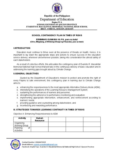 School Contigency Plan In Time Of Risks Pdf