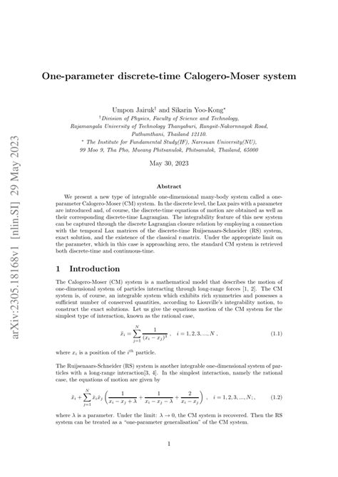 Pdf One Parameter Discrete Time Calogero Moser System
