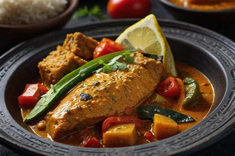 Fish Curry With A Side Of Pickled Vegetables Premium Ai Generated Image