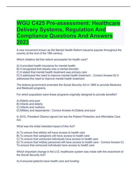 WGU C Pre Assessment Healthcare Delivery Systems Regulation And Compliance Questions And