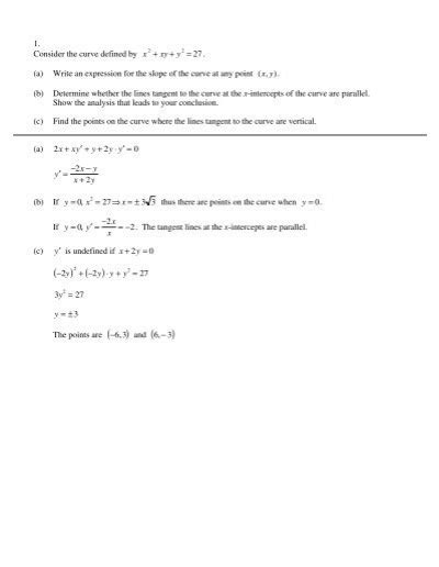 1 Consider The Curve Defined By X2 Xy Y2 27 A Write An
