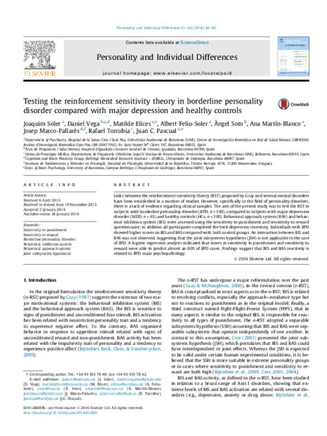 Pdf Testing The Reinforcement Sensitivity Theory In Borderline Personality Disorder Compared