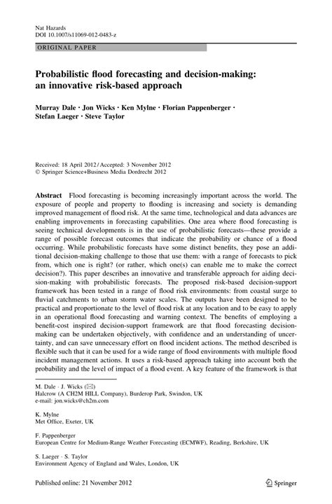 PDF Probabilistic Flood Forecasting And Decision Making An Innovative Risk Based Approach
