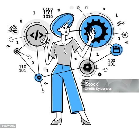 Computer Engineer In Work Vector Outline Illustration Programmer And System Administrator Doing