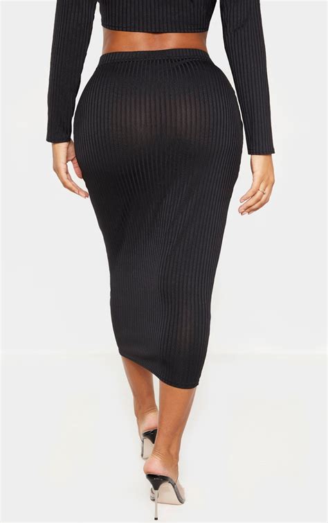 Shape Black Ribbed High Waist Midi Skirt Prettylittlething Ca
