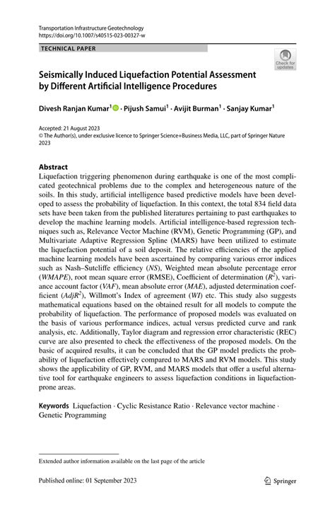 Pdf Seismically Induced Liquefaction Potential Assessment By Different Artificial Intelligence