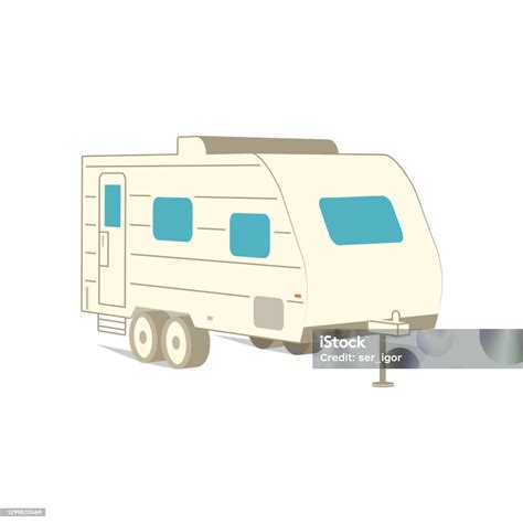 복고풍 레크리에이션 차량 캠핑 캠핑 Rv 트레일러 또는 가족 캐러밴 흰색으로 격리된 3d 아이소메트릭 만화 아이콘 여름 캠핑 가족 여행 개념 벡터 3차원 형태에 대한 스톡