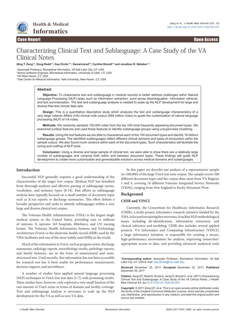 PDF Characterizing Clinical Text And Sublanguage A Case Study Of The VA Clinical Notes