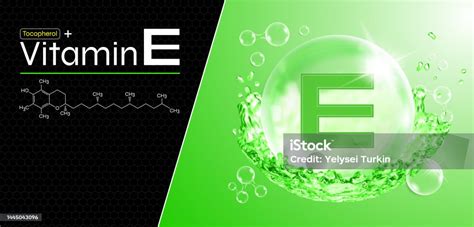 비타민 E 물방울 물이 튀는 녹색이 떨어집니다 토코페롤 복합체와 천연 화학 공식 뷰티 케어 디자인 의학 및 과학 개념 3차원 형태에 대한 스톡 벡터 아트 및 기타 이미지
