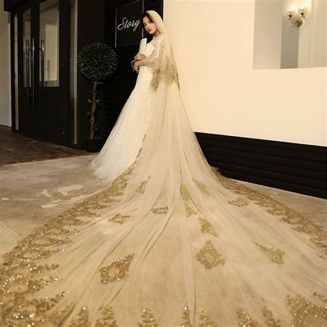 Golden Hem Lace Wedding Veil Long Bridal Veil Cathedral Length Bridal