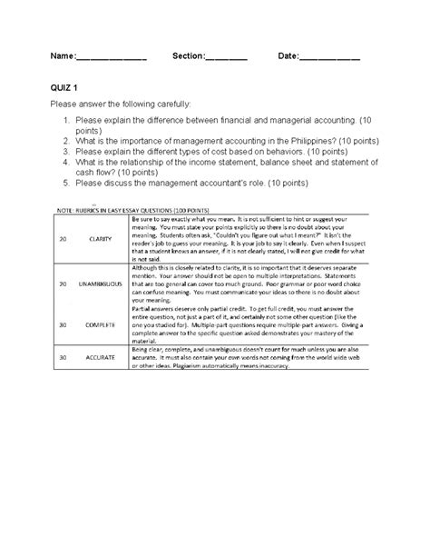 QUIZ Prelims Managerial Accounting Name Section