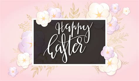 벡터 일러스트 레이 션의 부활절 날 인사말 배너 템플릿 손 글자 레이블행복 한 부활절종이 접기 종이 봄 사과 꽃 개념에 대한 스톡 벡터 아트 및 기타 이미지 Istock