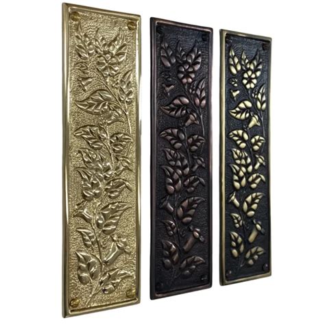 Solid Brass Push Plate With Morning Glory Floral Motif 11 Inches