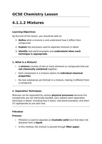 Mixtures Gcse Chemistry Lesson Teaching Resources
