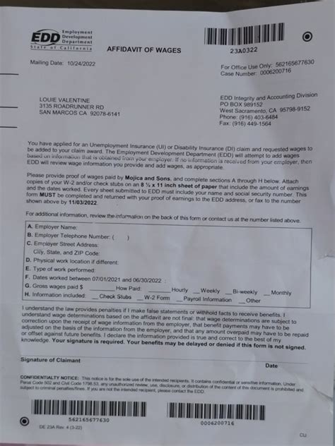 Edd Letter Affidavit Of Wages 2022 Pdf
