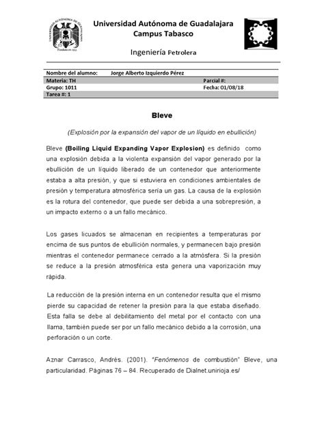 Bleve Boiling Liquid Expanding Vapor Explosion Pdf Presión Líquidos